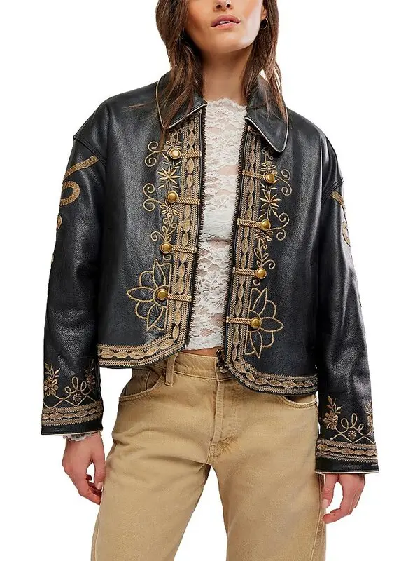 Free People Lana Leather Embroidered Jacket - Black