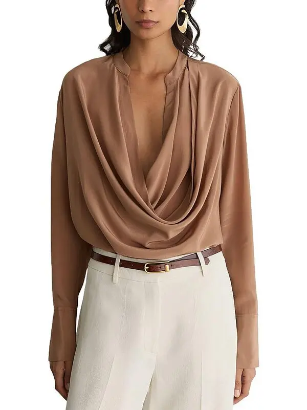 REISS Lauren Matte Silk Draped Top - Camel