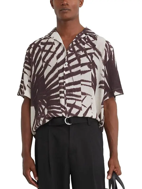 REISS Shindora Palm Print Cuban Collar Shirt - Bordeaux