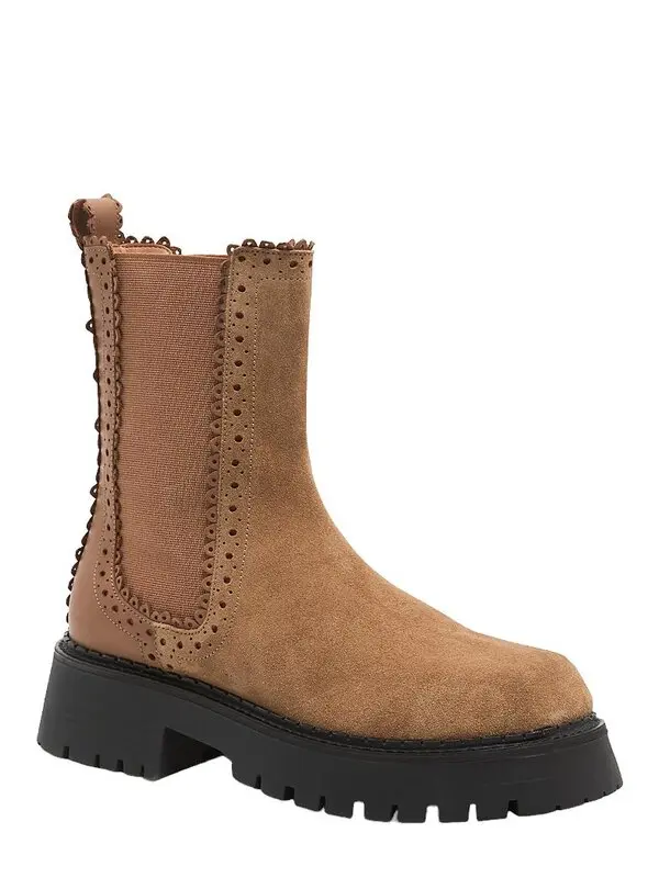 Free People Tried And True Brogue Scalloped Chelsea Boots - Camel Suede