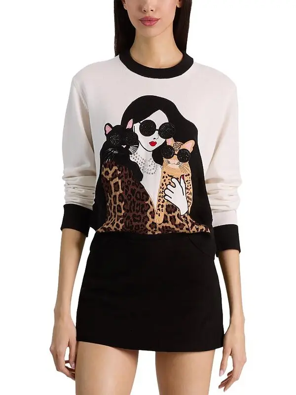 Alice + Olivia Gleeson Staceface Wool Blend Crewneck Sweater - Soft White Multi