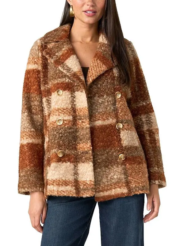 LIVERPOOL Check Print Double Breasted Peacoat - Nutmeg Multi
