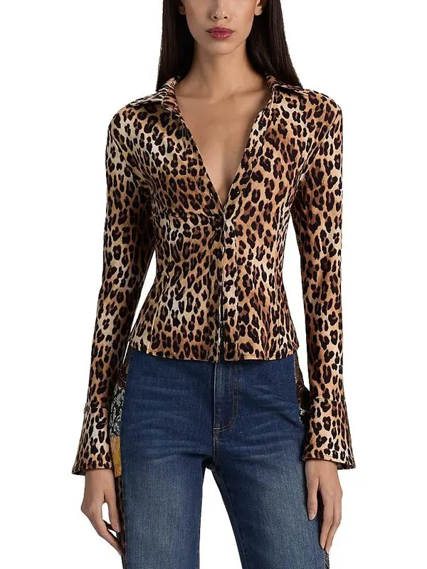 Alice + Olivia Freya Fitted Nipped Waist Button Down Top - Spotted Leopard