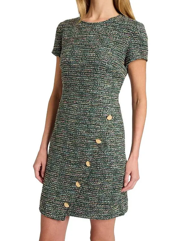 Santorelli Loni Short Sleeve A-line Dress In Luxury Tweed - Evergreen