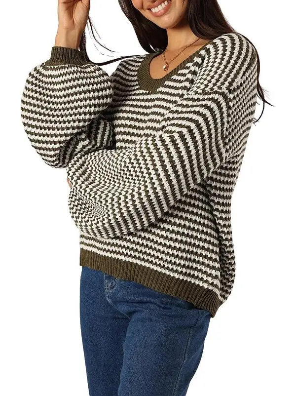 PETAL AND PUP Becca Crewneck Waffle Stitch Stripe Knit Sweater - Olive