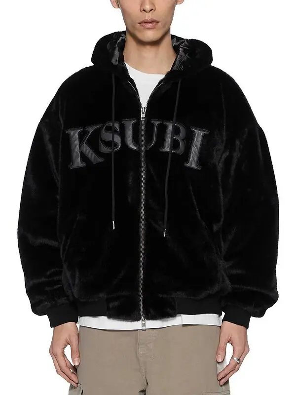 Ksubi Walkout Faux Fur Hood Logo Drawstring Jacket - Black