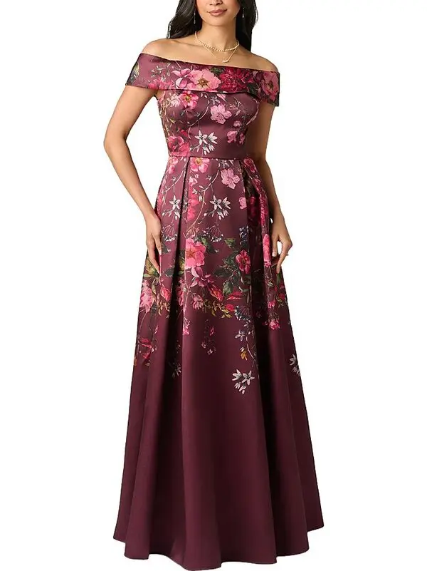 Adrianna Papell Off-the-shoulder Short Sleeve Gown - Burgundy Multi