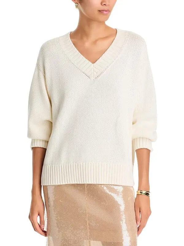 L'Agence Paxton Cotton V-neck Sweater - Ivory