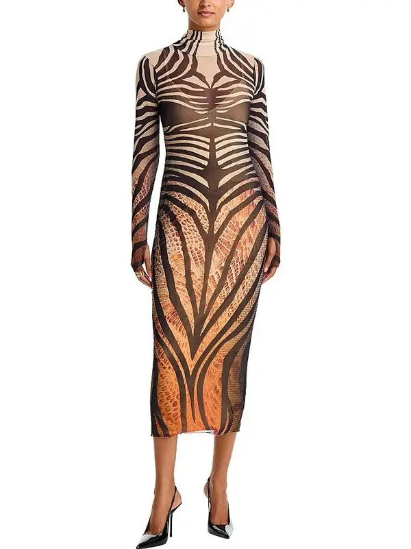 AFRM Shailene Printed Mesh Midi Dress Dress - Snake Stripe