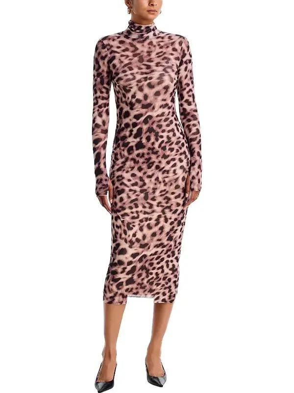AFRM Shailene Printed Mesh Midi Dress Dress - Warmth Leopard