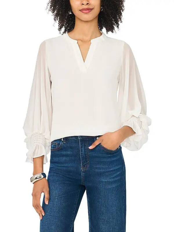 Vince Camuto Split Neck Sheer Sleeve Ruffled Cuff Top - New Ivory