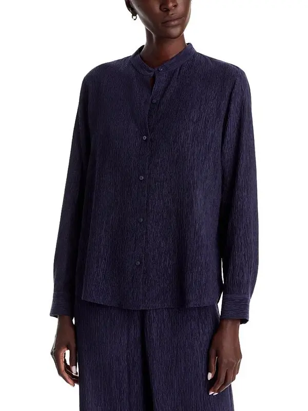 Eileen Fisher Plisse Mandarin Collar Shirt - Night Sky