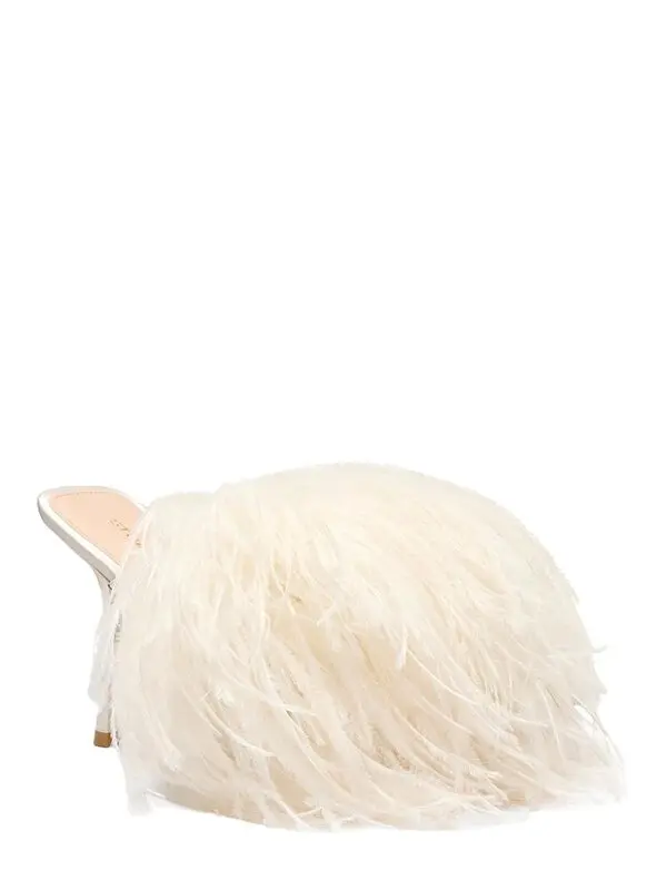 STUART WEITZMAN Boa 100 Satin Feather Trimmed Mules - Cream