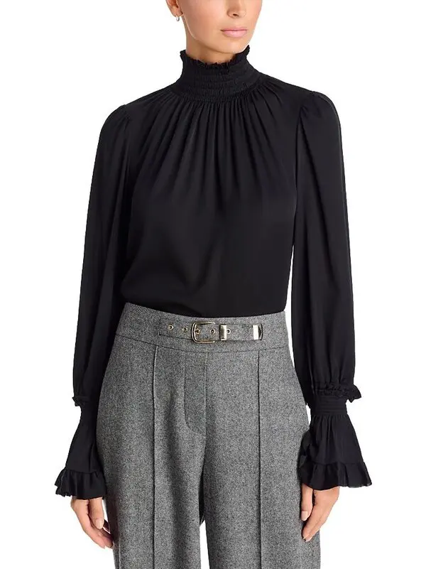 Kobi Halperin Maxine Silk Blend Smocked Trim Blouse - Black