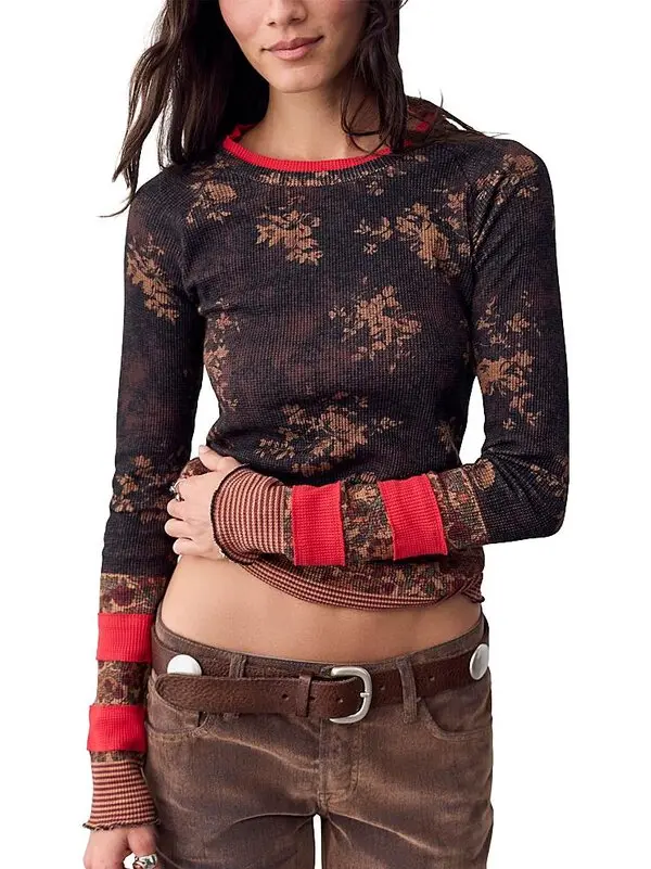 Free People Easy Does It Cotton Stretch Printed Top - Wine Combo
