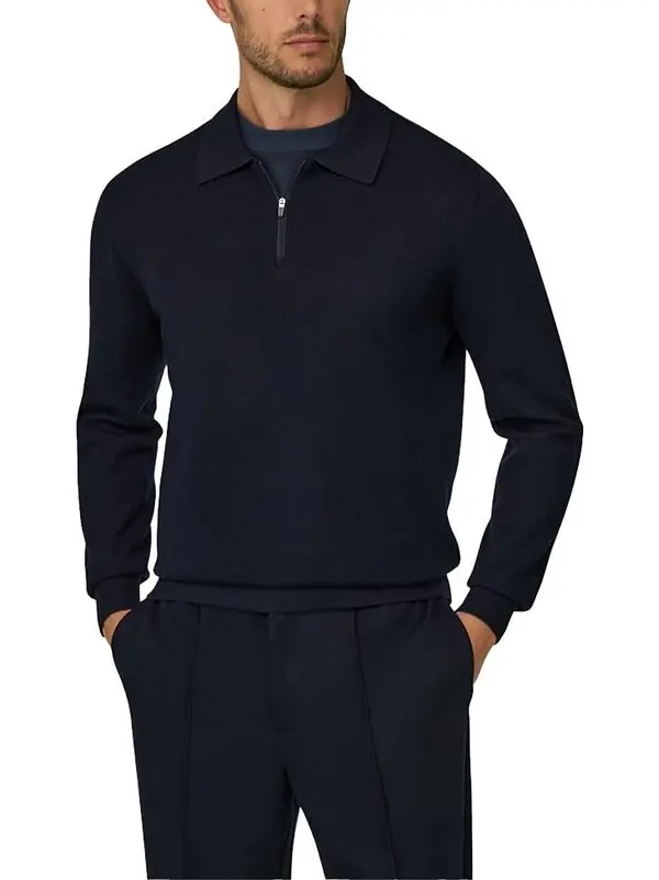 Boggi Milano Quarter-zip Wool Blend Wooltech Knitted Polo Shirt - Navy Blue