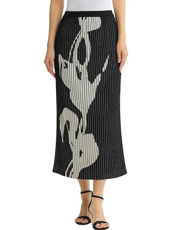 Ming Wang Straight Floral Soft Ribbed Knit Maxi Skirt - Black/ivory