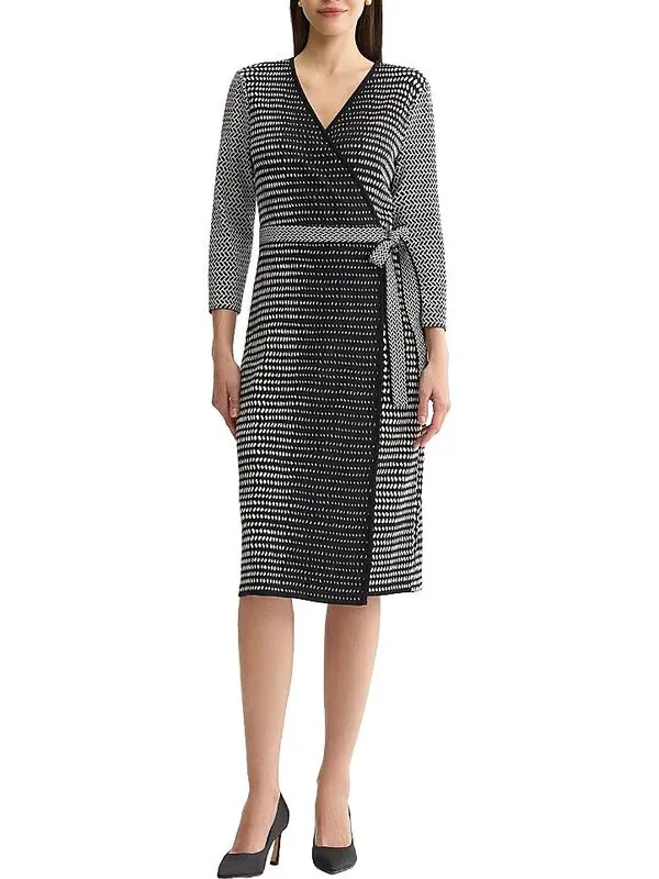 Ming Wang Monochrome Soft Knit Midi Wrap Dress - Black/ivory