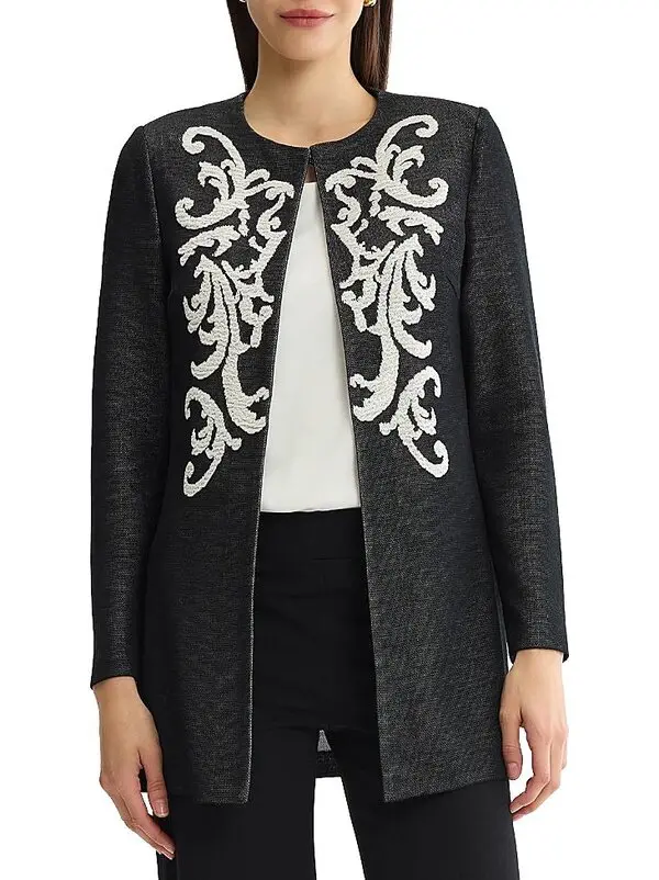 Ming Wang Filigree Jacquard Knit Jacket - Black/ivory