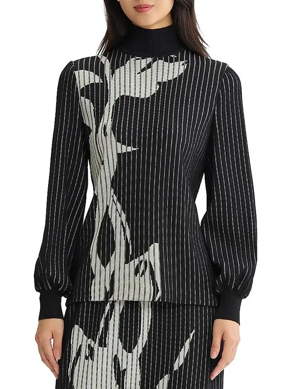 Ming Wang Petite Mock Neck Floral Soft Ribbed Knit Top - Black/ivory