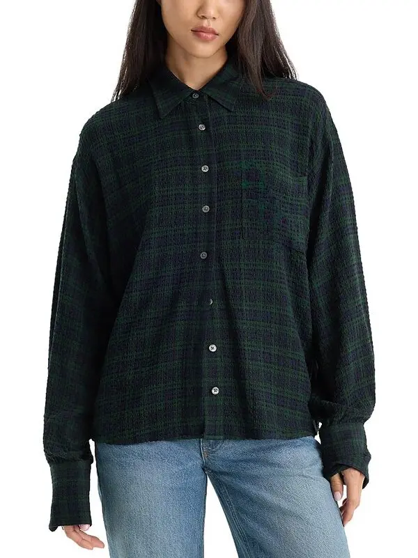 Good American The Crinkle Easy Shirt - Forest Plaid