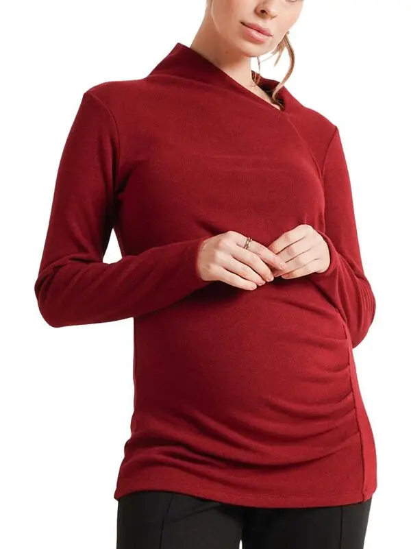 NOM MATERNITY Claire Asymmetric Neck Sweater - Dark Red