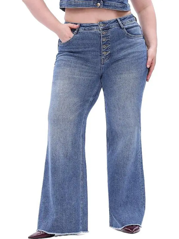 BAYEAS Plus Mid Rise Wide Leg With Frayed Hem Denim Jeans - Bluelotus