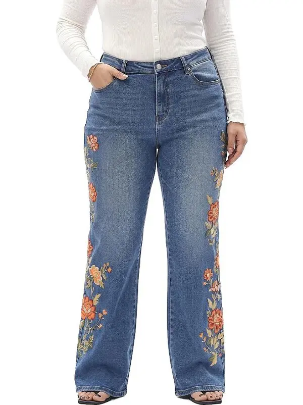 BAYEAS Plus Floral Embroidery Wide Leg Jeans Classic Denim For - Sungetglow