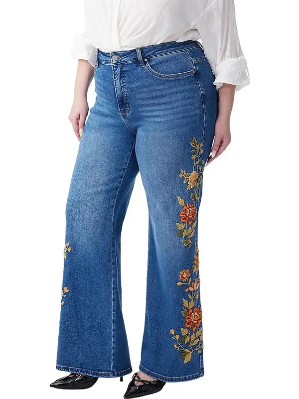 BAYEAS Plus Floral Embroidery Wide Leg Jeans Classic Denim For - Sungetglow