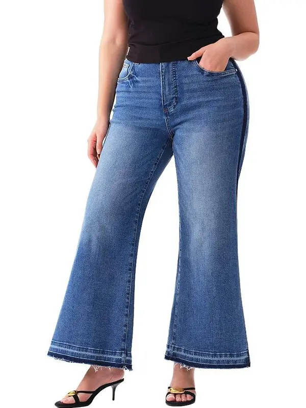 BAYEAS Plus Mid Rise Wide Leg Frayed Hem Denim Jeans With Two-tone Splice In Trappist-1e - Trappist-e