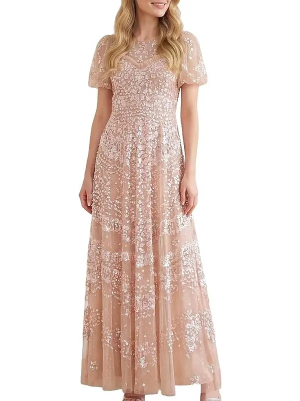 NEEDLE & THREAD Anais Sequin Short Sleeve Gown - Biscuit