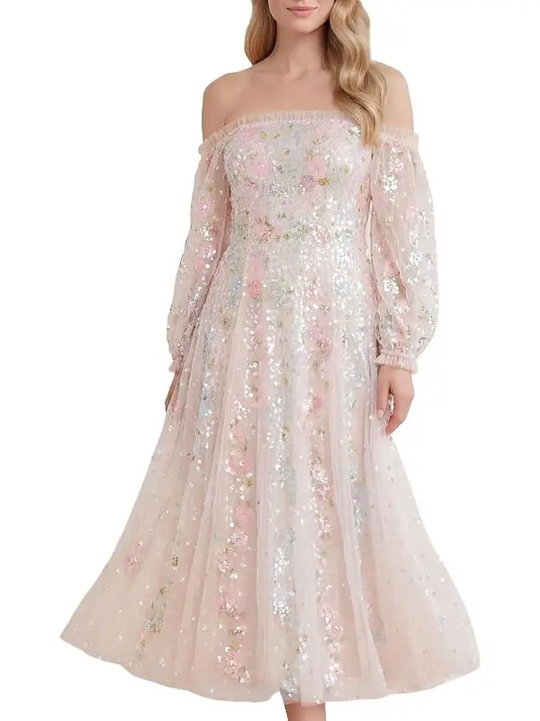 NEEDLE & THREAD Confetti Gloss Off-shoulder Dress - Cream/bright