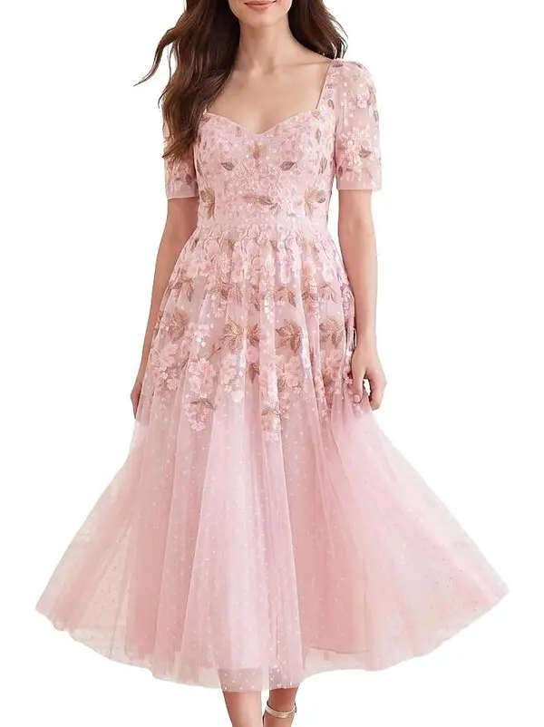 NEEDLE & THREAD Wisteria Sweetheart Short Sleeve Dress - Shell/pink
