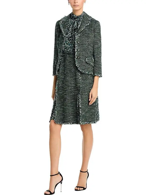 Rickie Freeman For Teri Jon Tweed Chiffon Tie Neck Jacket & Dress Set - Green Mult