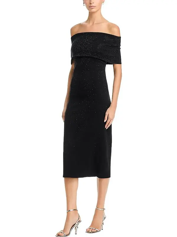 Rickie Freeman For Teri Jon Jet Bead Knit Off-the-shoulder Dress - Black