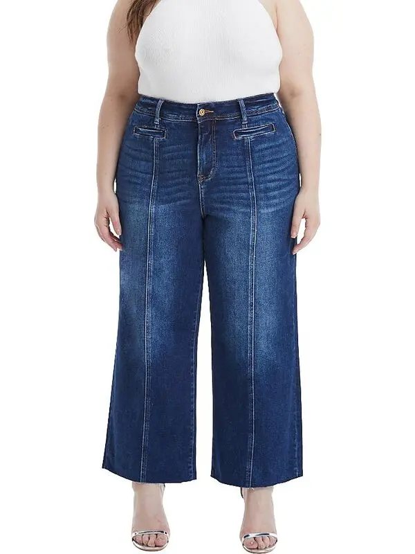 BAYEAS Plus High Rise Wide Leg Vertical Front Seam Raw Hem Denim Jeans - Dark Blue