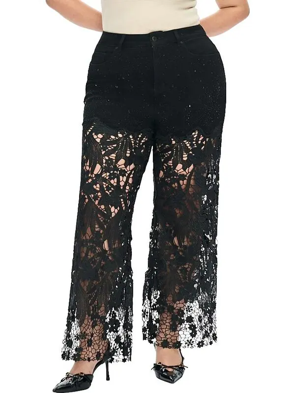 BAYEAS Plus Embroidery Wide Leg Lace Jeans With Rhinestone In Wash - Black
