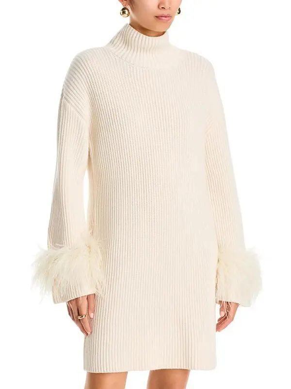 Ramy Brook Kay Turtleneck Feather Trim Sweater Dress - Ivory