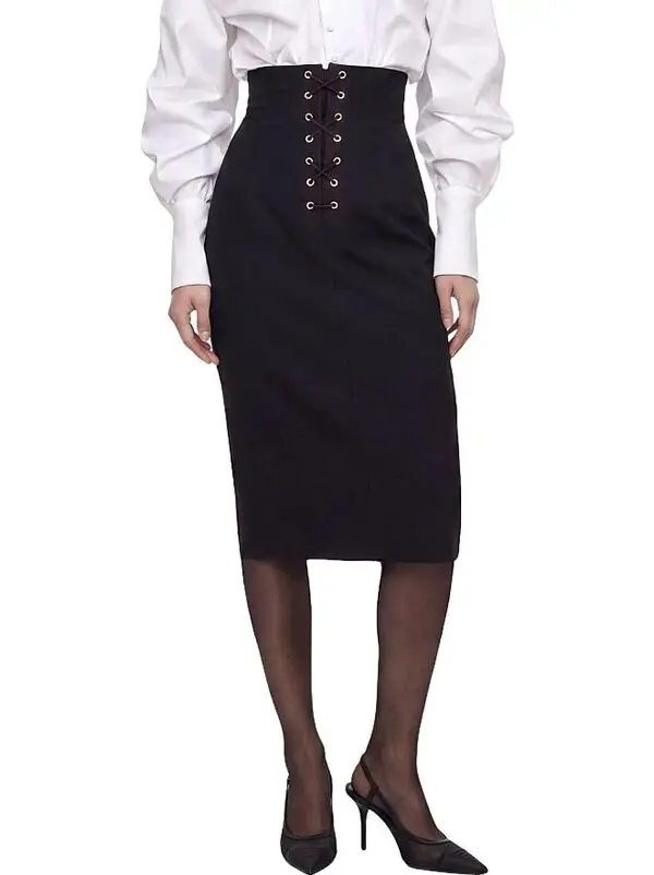 NOCTURNE Eyelet Detail High Waist Midi Skirt - Black