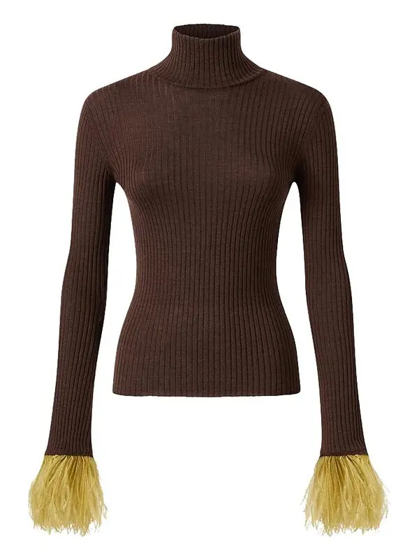 La DoubleJ High Kick Cashmere Blend Feather Trim Top - Solid Cocoa