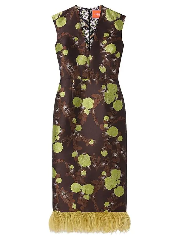 La DoubleJ Sleek Printed Feather Trim Dress - Devon