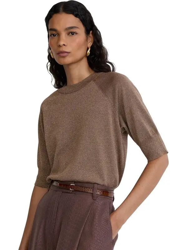 REISS Susanne Wool-blend Metallic-knit Short-sleeve Top - Bronze