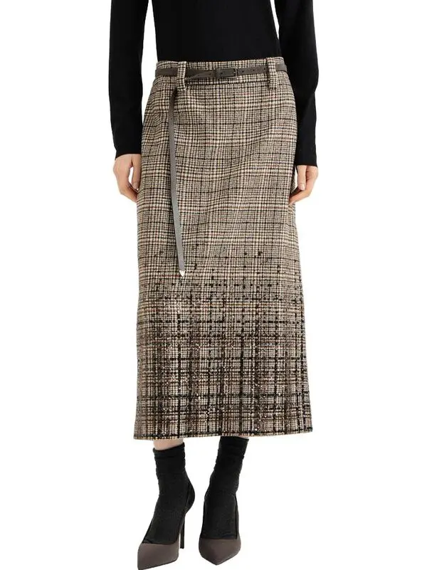 Brunello Cucinelli Checked Alpaca And Wool Pencil Skirt With Dazzling Degradé Embroidery - Brown