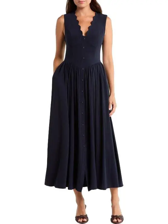 Avec Les Filles Scallop Stretch Crepe Maxi Dress - Navy