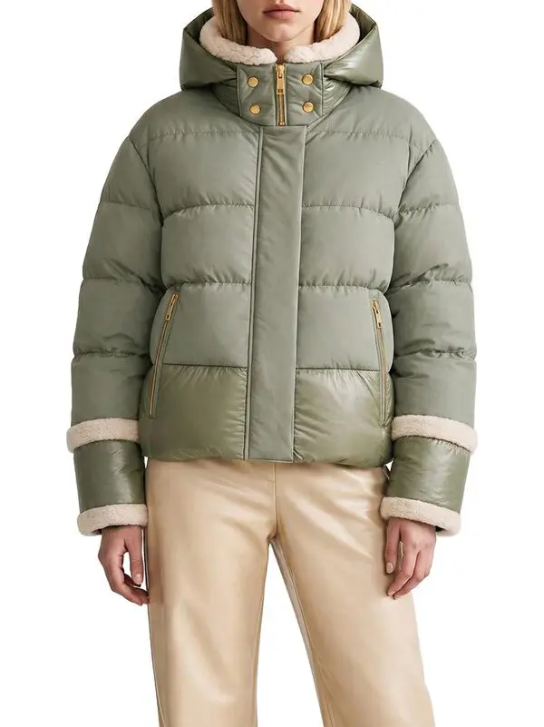 NOIZE Karly Faux Shearling Trim Puffer Jacket - Sage