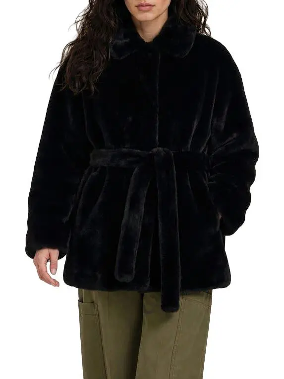 NOIZE Sally Faux Fur Belted Jacket - Black