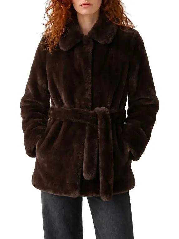 NOIZE Sally Faux Fur Belted Jacket - Chocolate