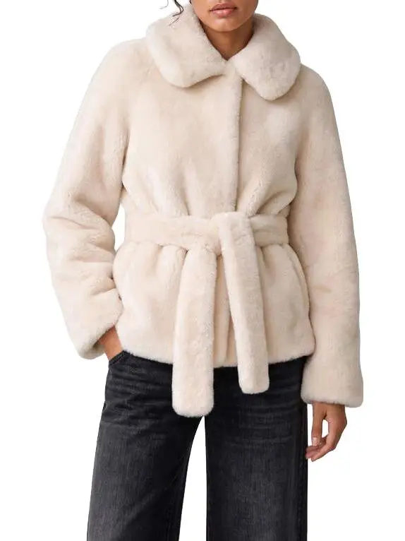 NOIZE Sally Faux Fur Belted Jacket - Ivory