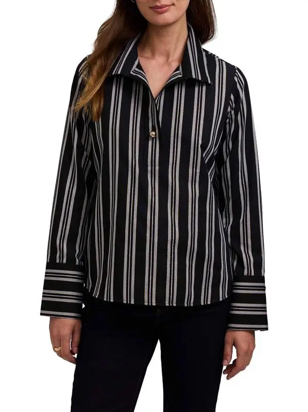 Foxcroft Catalina Stripe Cotton Blend Popover Top - Black/multi