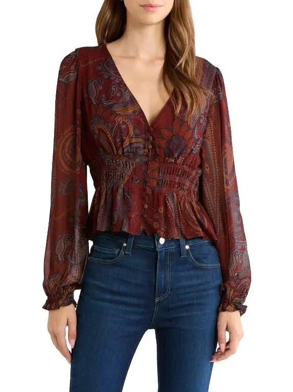 Paige Juna Smocked Ruffle Hem Top - Garnet Multi